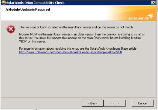 The versions of Orion installed on the main Orion server and on this ...