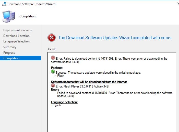 Unable to push software updates to the SCCM software update group