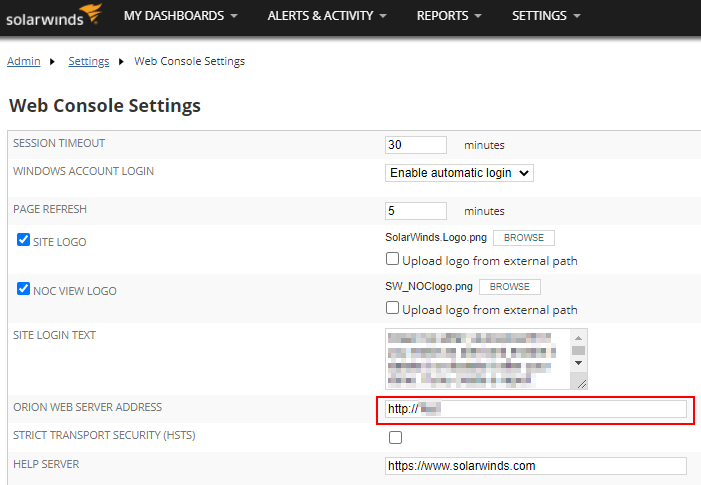 Change the URL of the Orion Web Interface used in Alert Macros