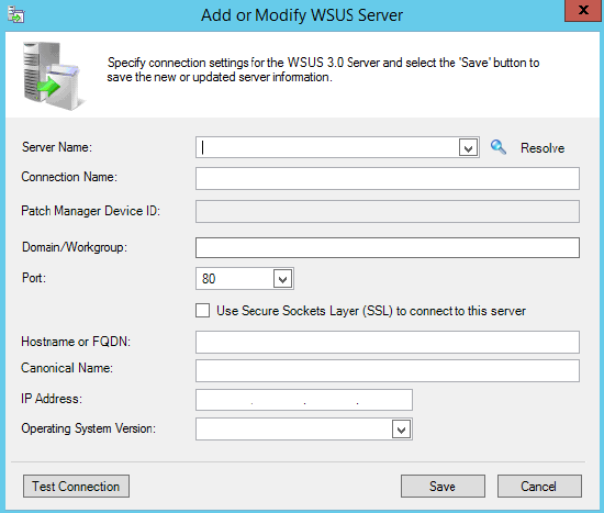 Error when adding or modifying a WSUS server in Patch Manager