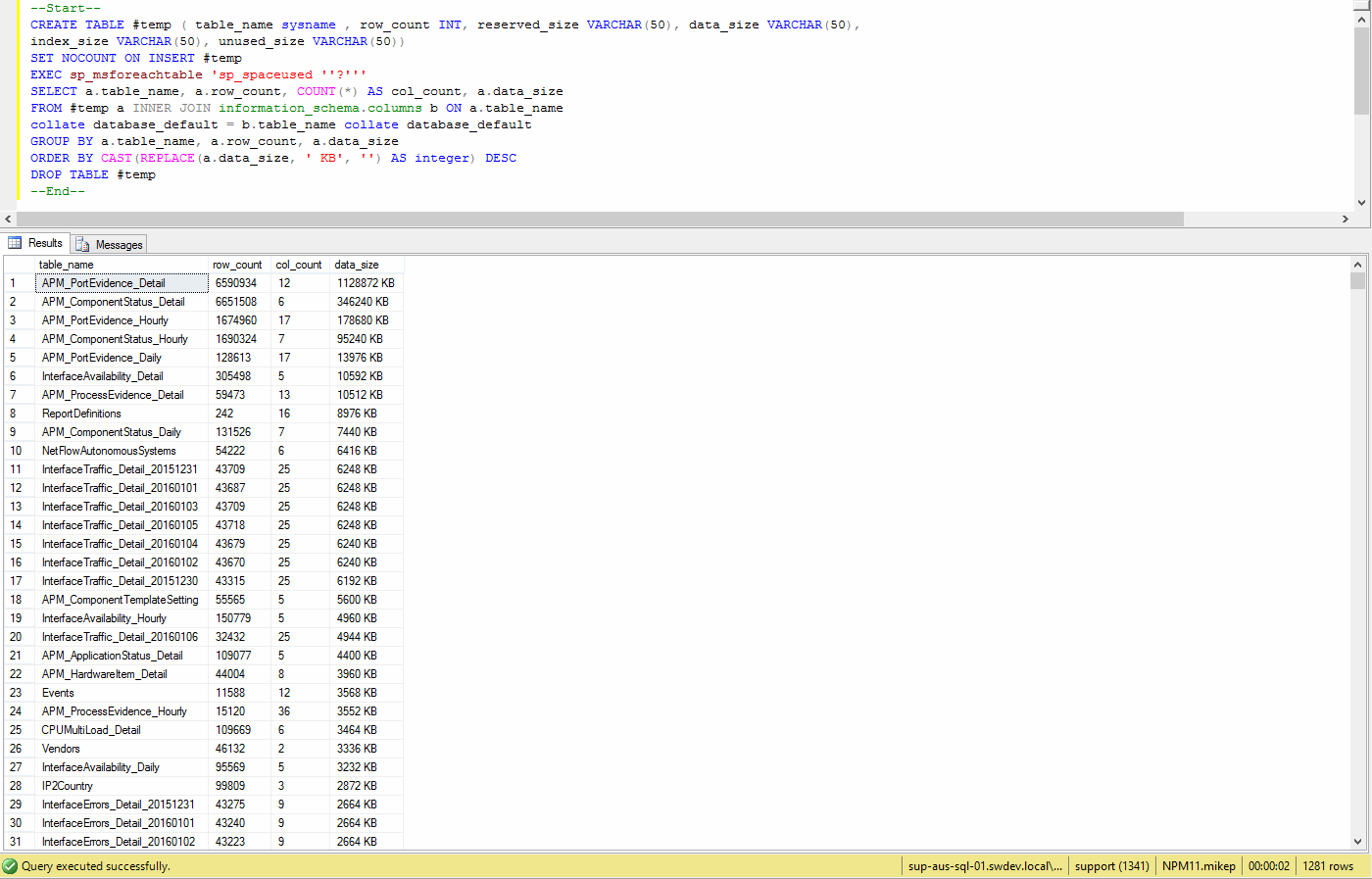 Find the size of each table in the Orion database