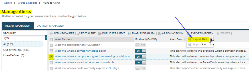 Export and import alerts via the web interface on the Orion Platform
