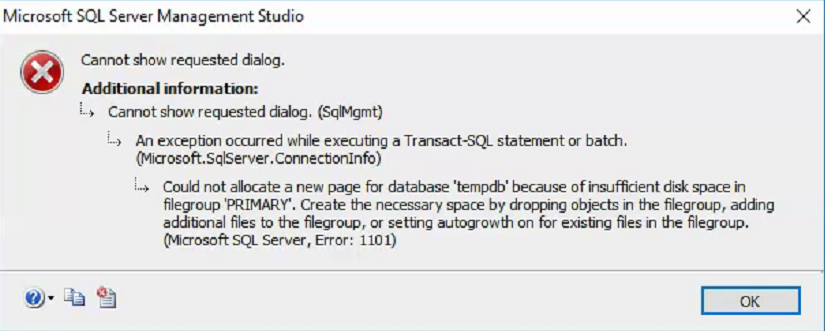 Could not allocate a new page for the Orion database 'tempdb' because of insufficient disk space ...