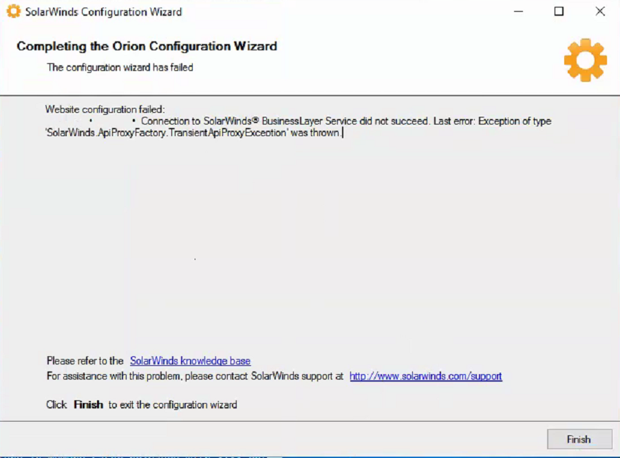Configuration Wizard Failed: Connection to Businesslayer service did not succeed.