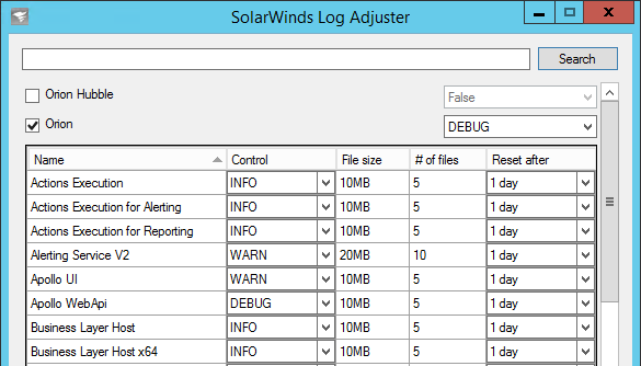 Adjust logging levels with the SolarWinds Log Adjuster