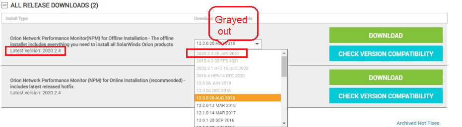 Offline installer link is not available in the SolarWinds Customer Portal