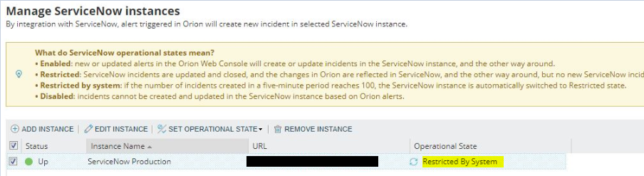 ServiceNow Instance is shown as Restricted By System on Orion Platform