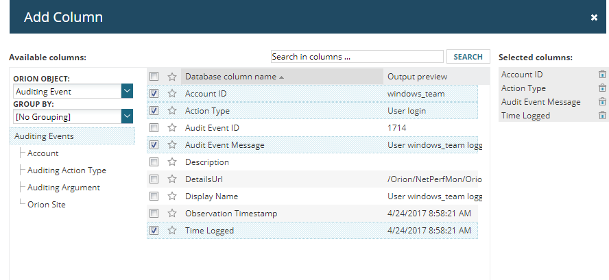 Create an account activity report for Orion Web Console users