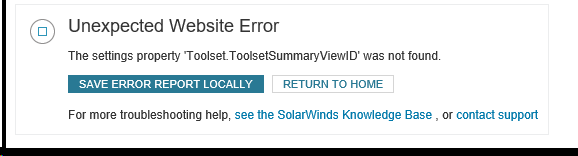 The settings property Toolset.ToolsetSummaryViewID was not found error in the Orion Web Console