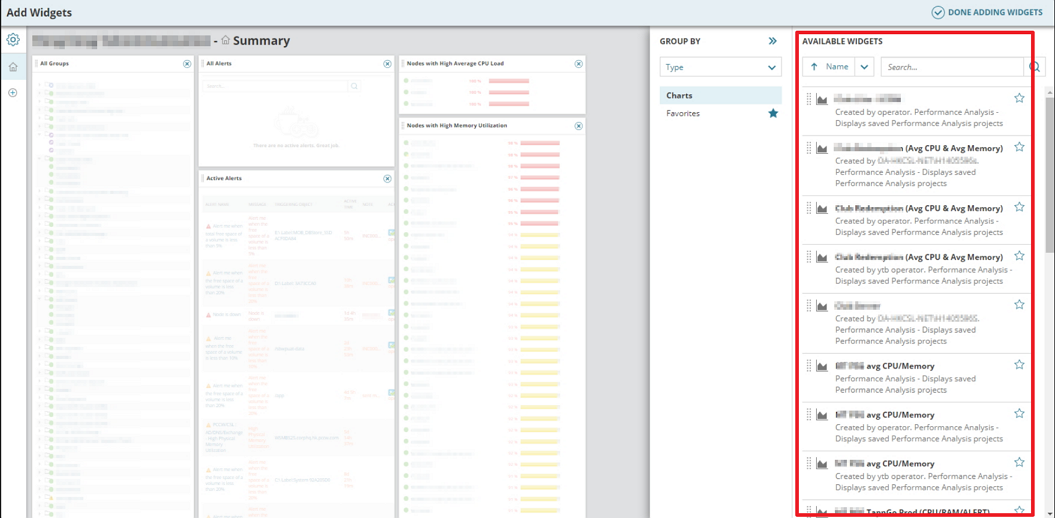 There are limited web resources when adding widgets on the Orion web console dashboard