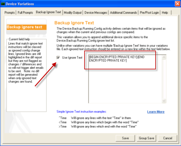 Ignore block of text (Multi-line text) from comparison on Device Backup ...