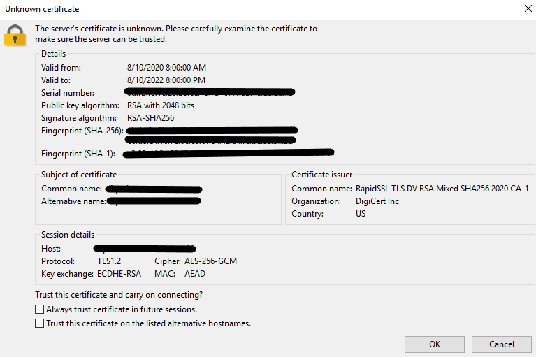 The server's certificate is unknown when connecting to Serv-U FTPS using Filezilla