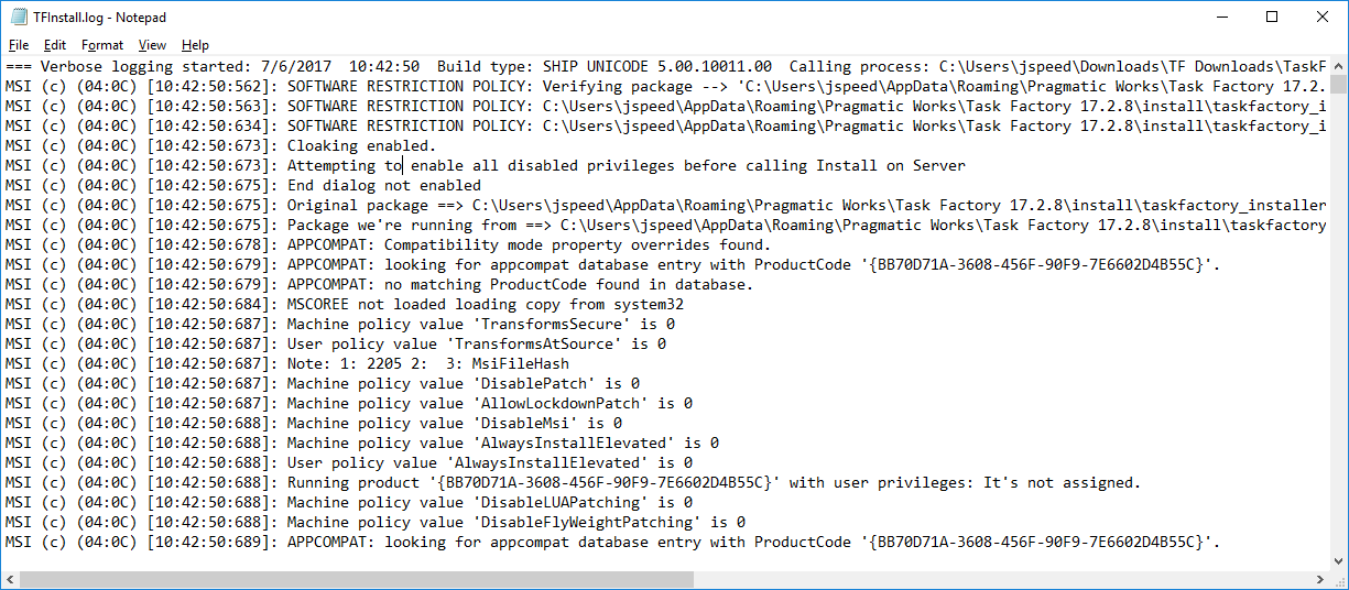 Creating a Task Factory Installation Log