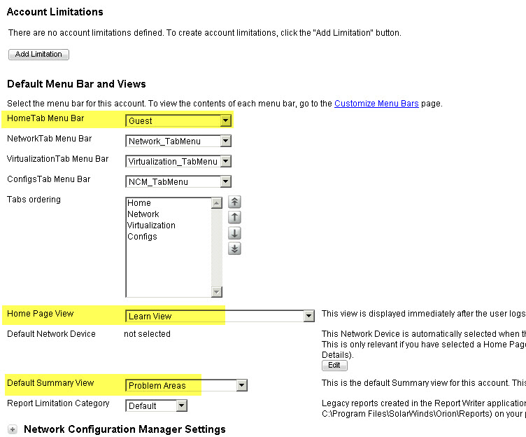 Create a new user with a customized view and menu bar in Orion Web Console