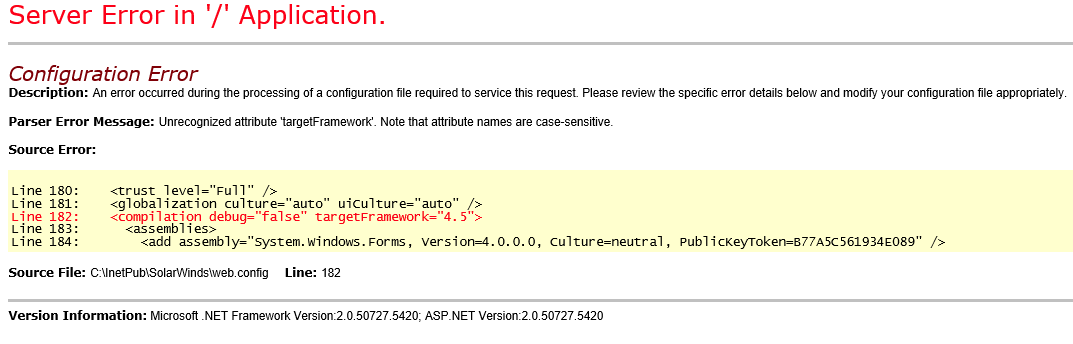 Orion Web Console error: Unrecognized attribute targetFramework