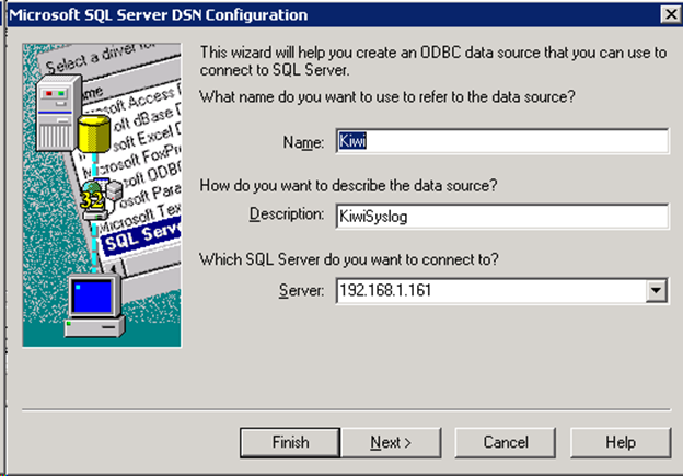Kiwi Syslog logs to store with SQL database setup screen shots