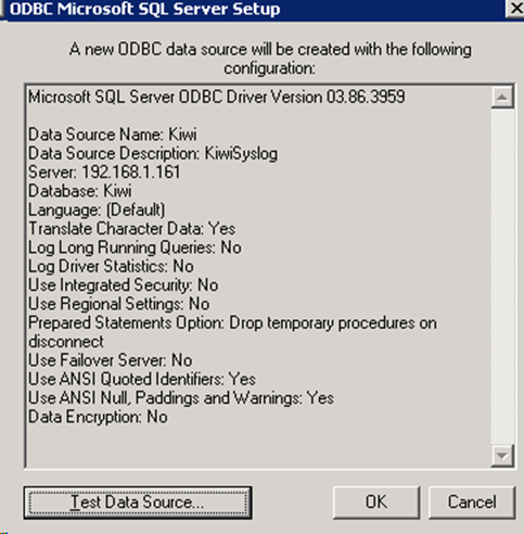 Kiwi Syslog logs to store with SQL database setup screen shots