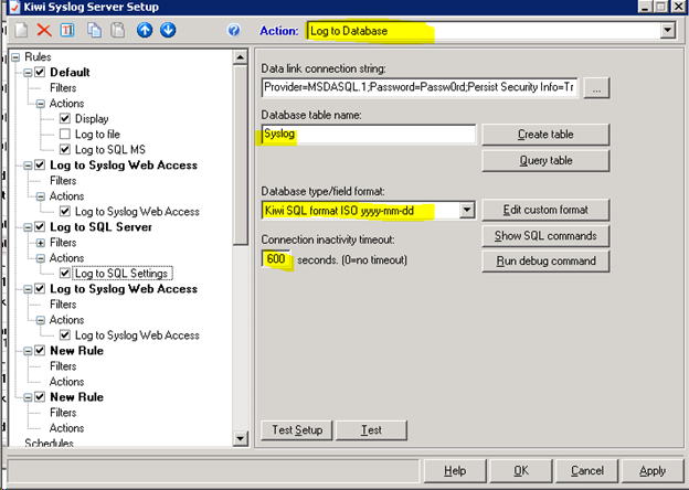 Kiwi Syslog logs to store with SQL database setup screen shots