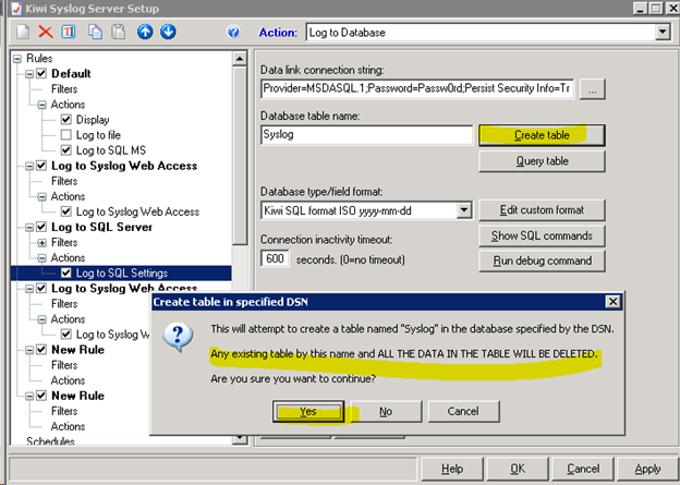 Kiwi Syslog logs to store with SQL database setup screen shots