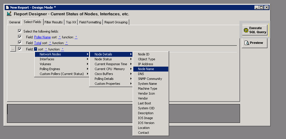 Create an NPM report to return the node name and serial number from the assigned universal ...