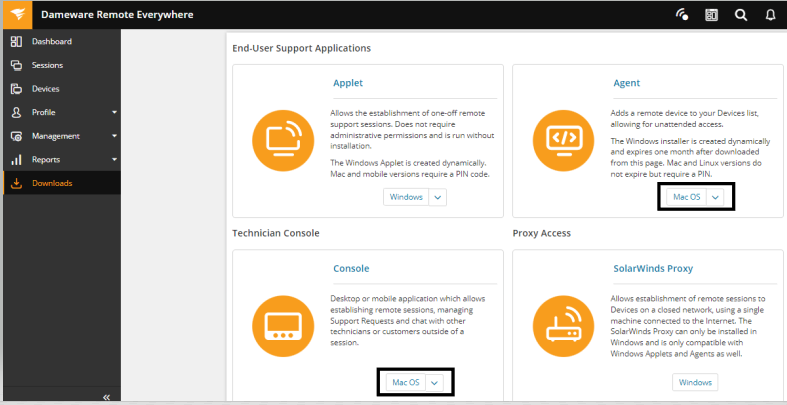 Download macOS technician console and the agent in Dameware Remote ...
