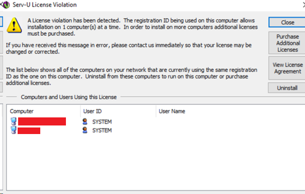 After applying License Key, getting Serv-U License Violation prompt ...