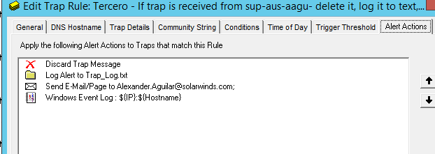 Create a trap rule based on a SNMPv3 trap condition received by Orion NPM to send an email with ...