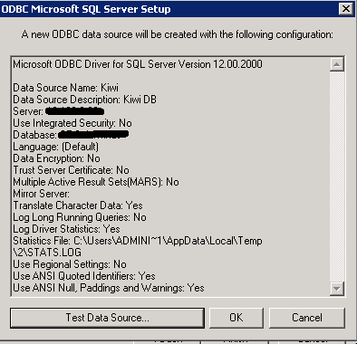 Configure ODBC Data Source/Connect Kiwi to SQL server