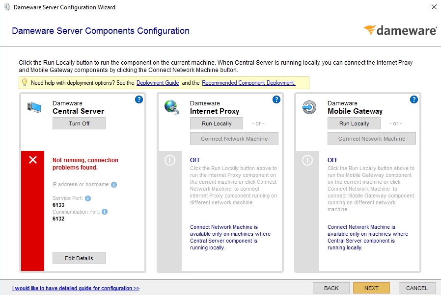 "Not running, connection problems found." error message on Dameware Server Components ...