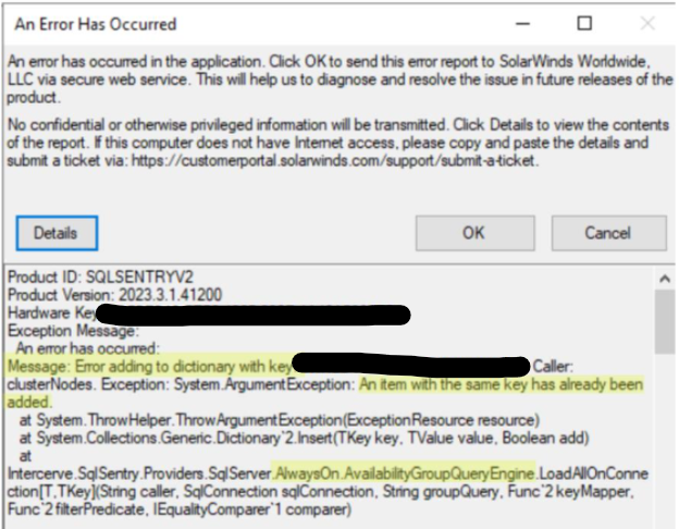AlwaysOn Exception in 2023.3.1 (Error adding to dictionary with key)