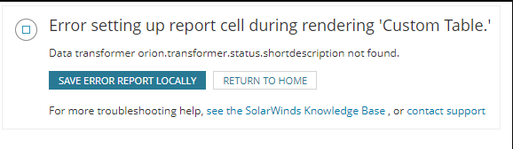 Error setting up report cell during rendering 'Custom Table.' Data transformer exchg.transformer ...