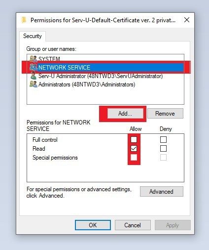 Running Serv-U under NETWORK SERVICE