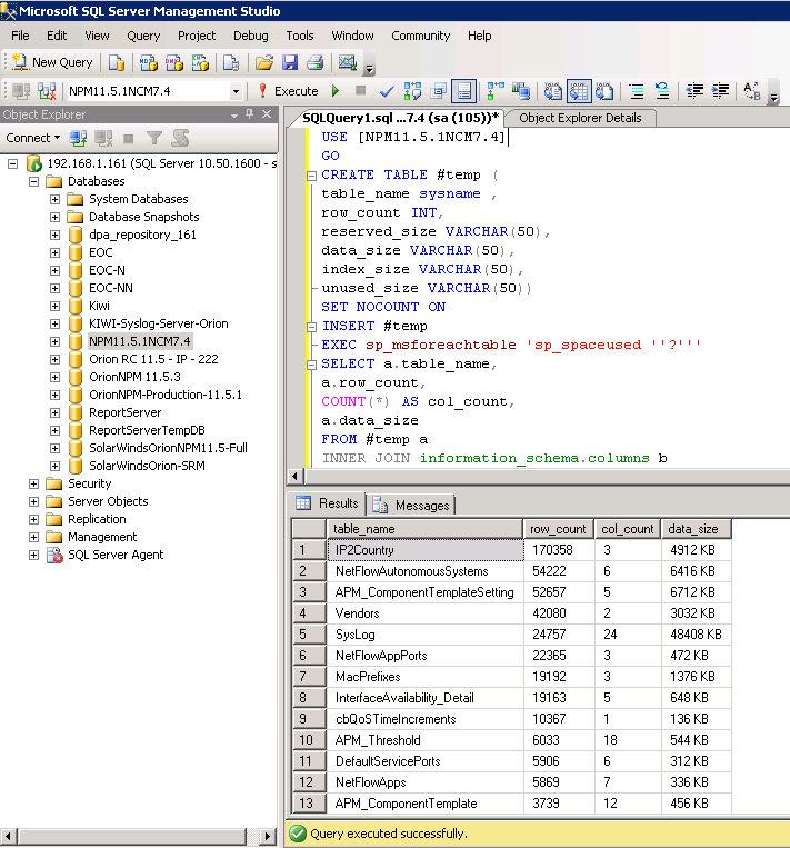 Know each table size in Orion database