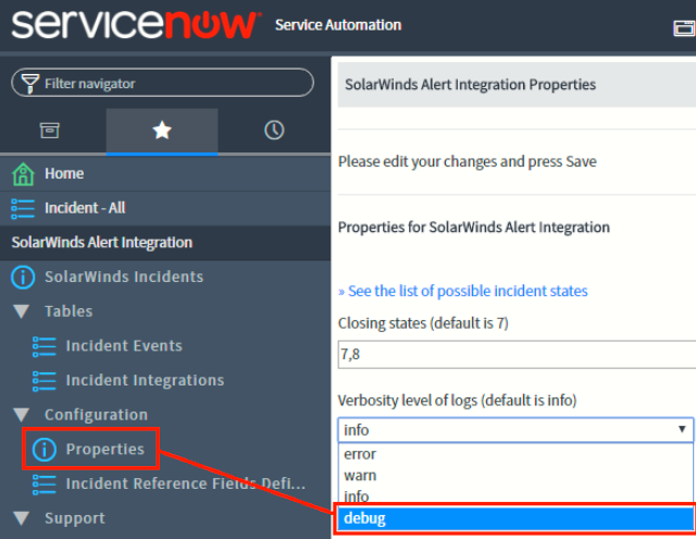 Collect debug logs for ServiceNow integration issues on Orion Platform