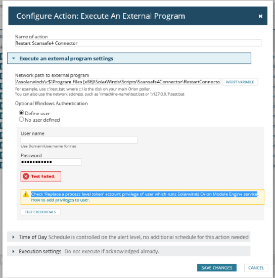 Check 'Replace a process level token' account privilege of user which runs Solarwinds Orion ...