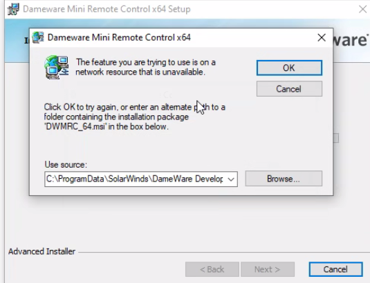 Getting an error 'The feature you are trying to use is on a network resource that is unavailable ...