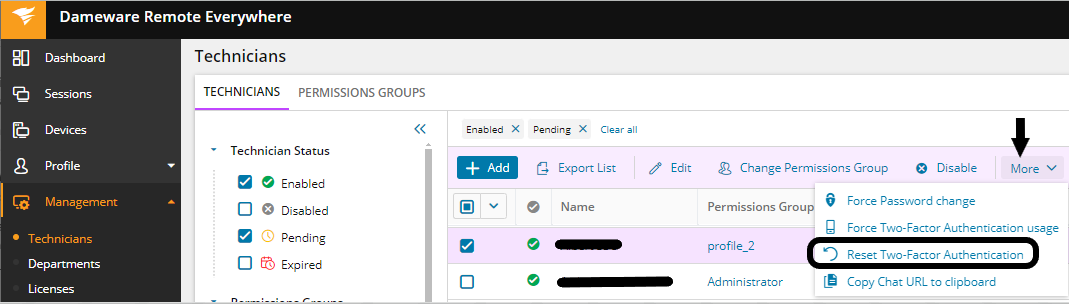 How to reset the 2FA/MFA of a technician account in Dameware Remote Everywhere (DRE)