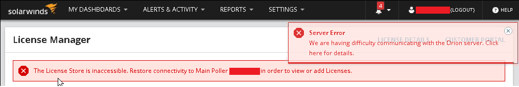 The License Store is inaccessible error when visiting Orion License Manager in the Web Console.