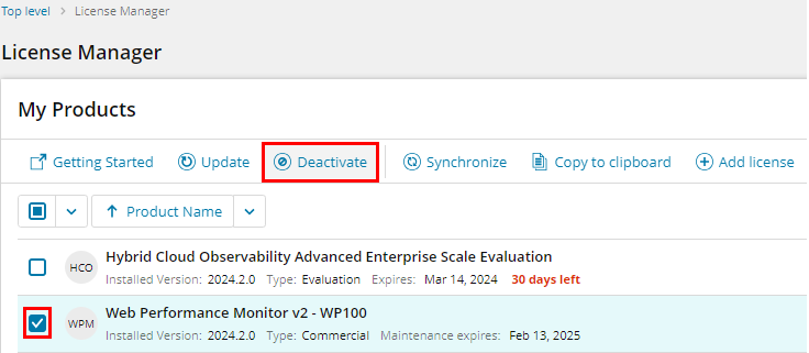 Deactivate a license in the SolarWinds Platform Web Console