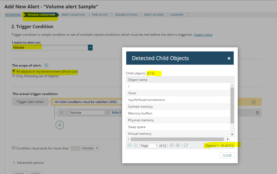 Create an alert for volume space and usage in Orion platform