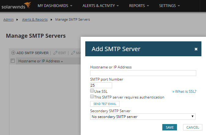 SMTP configuration and email settings for scheduled reports and alerts in Orion