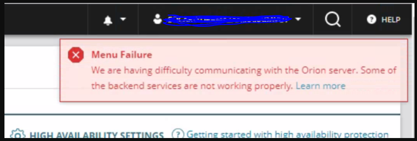 Menu Failure showing on Orion Web Console