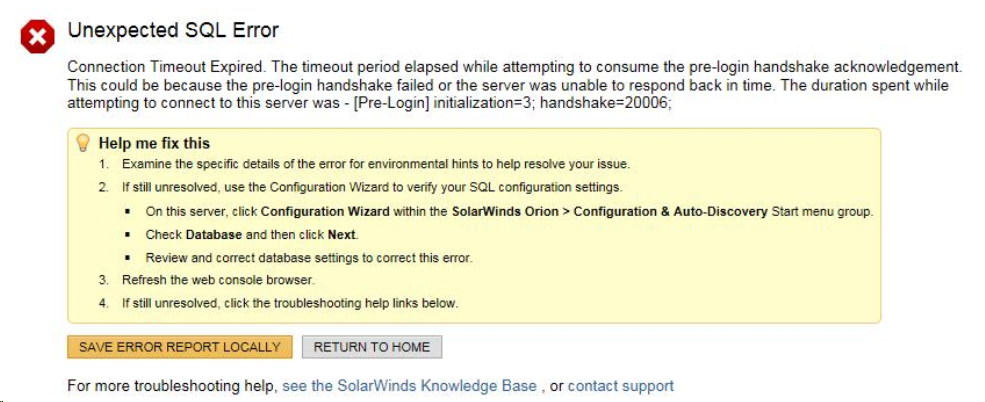 Unexpected Sql Error Connection Timeout Expired In Orion Modules