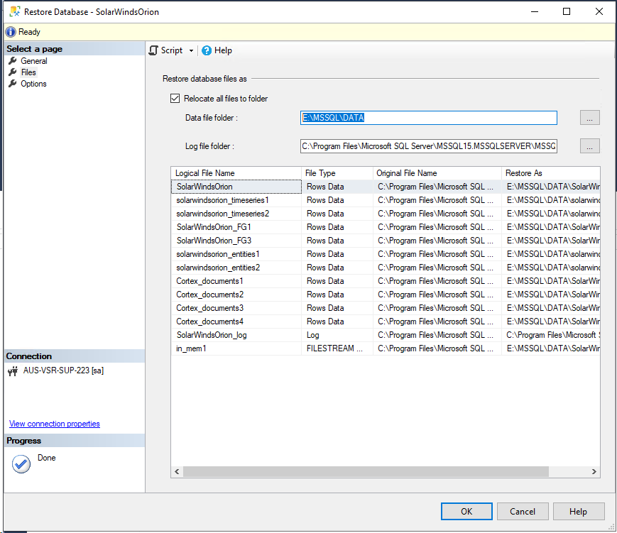 Backing up and restoring Orion Database files to a new drive location