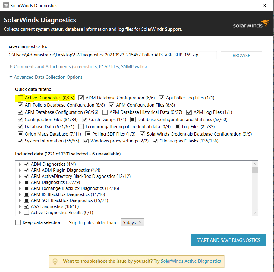 How to gather and send a diagnostics file to SolarWinds Support