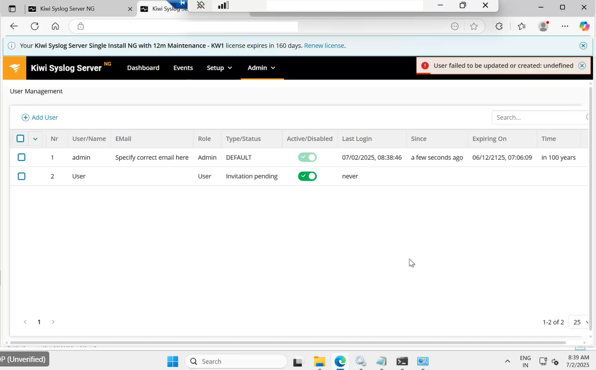 User Failed To Be Updated Or Created Undefined Error In Kiwi Syslog Ng When Creating A User