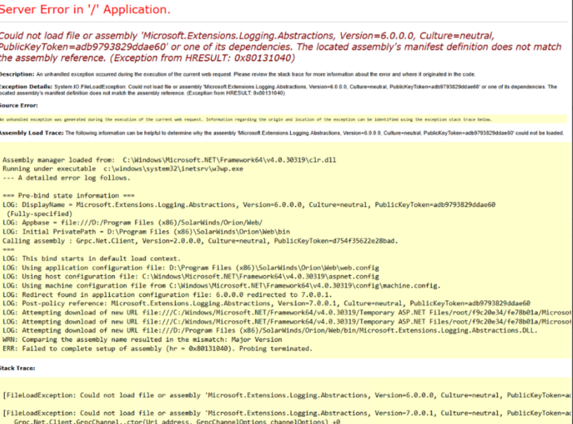 SolarWinds Platform Web Console fails to load with “Could not load file or assembly 'Microsoft ...